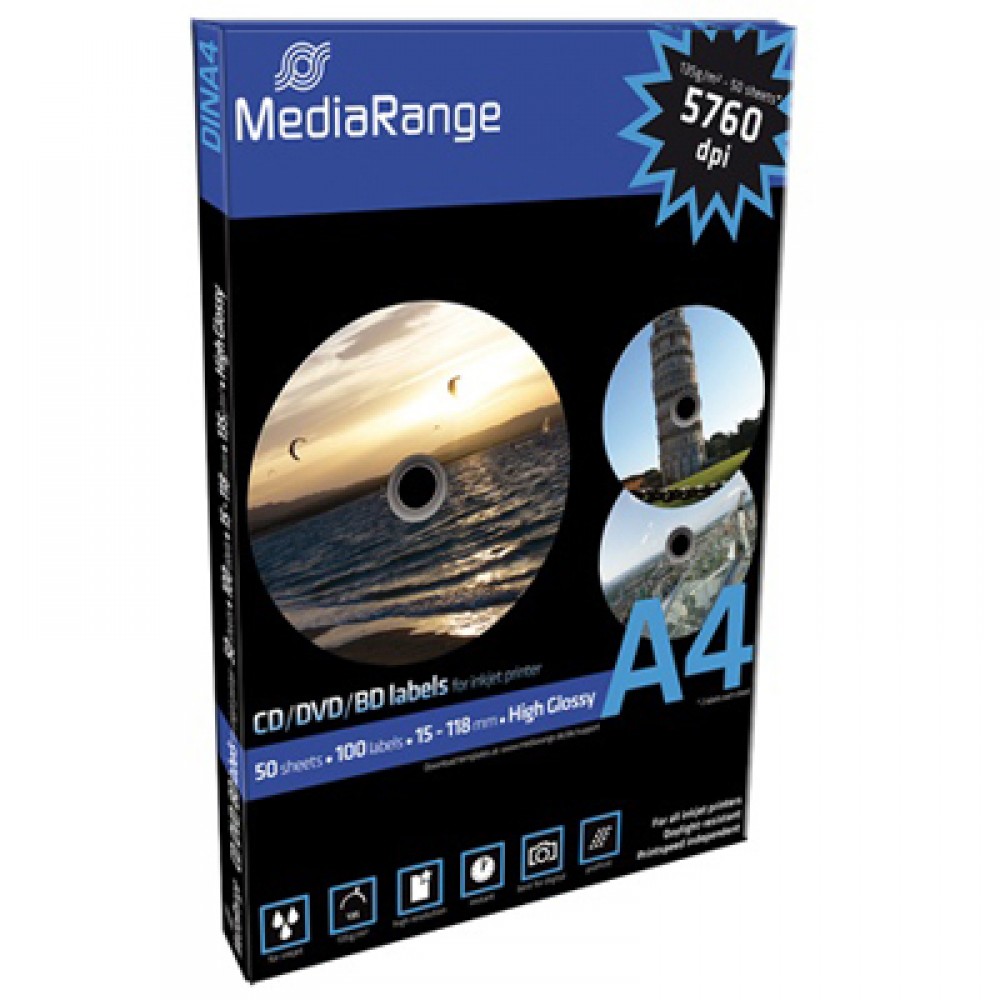 Media Range CD/DVD/BD Label (high glossy) - 15 - 118mm - 100 pièces -->