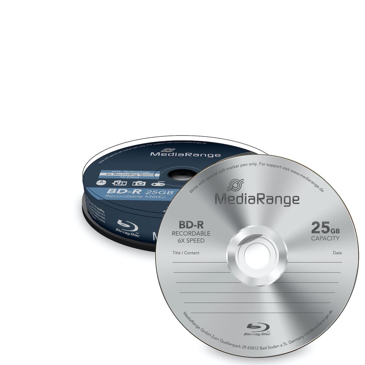 MediaRange Blu-Ray BD-R 25 GB imprimée - 6x - 10 pièces en Cakebox -->